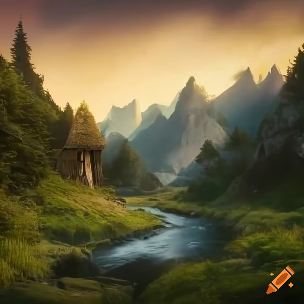 Grass landscape with mountains in the background a forest in the ...