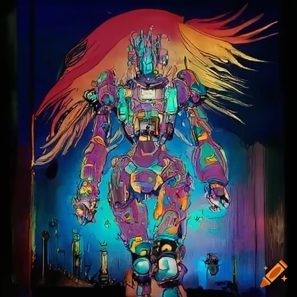 Animation still from a cyberpunk shonen mecha anime by Yoshitaka Amano ...