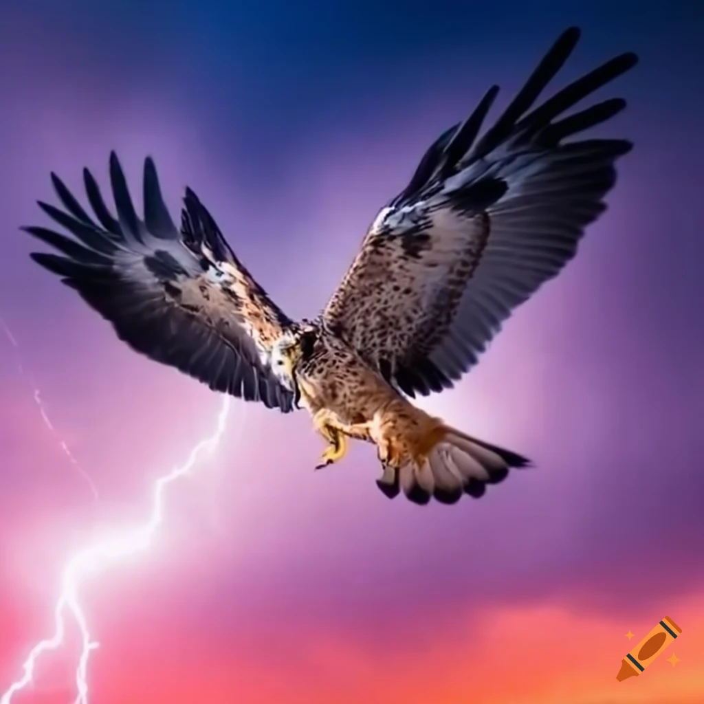 A fierce hawk soaring across a backdrop of storm clouds, with lightning ...
