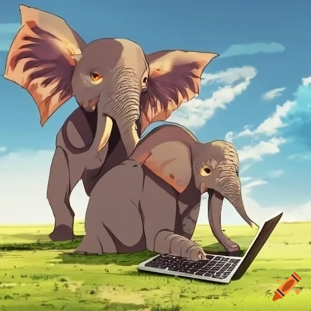 Anime elephant horde of three using each a laptop computer in the ...