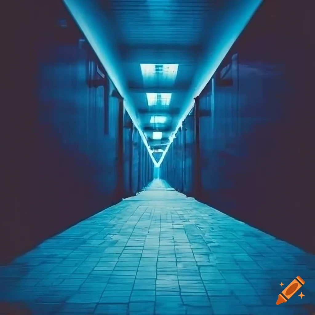 Retro-style photo with a mysterious atmosphere in a blue-hued liminal ...