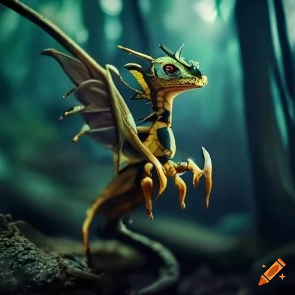 A small cute mythological wasp-dragon in a forest