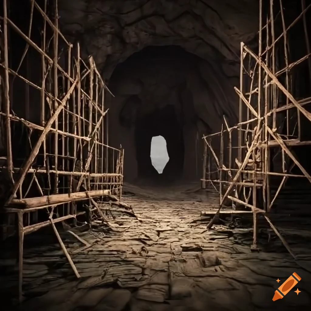 Mysterious cave with a wooden scaffolding in the center of the image on ...