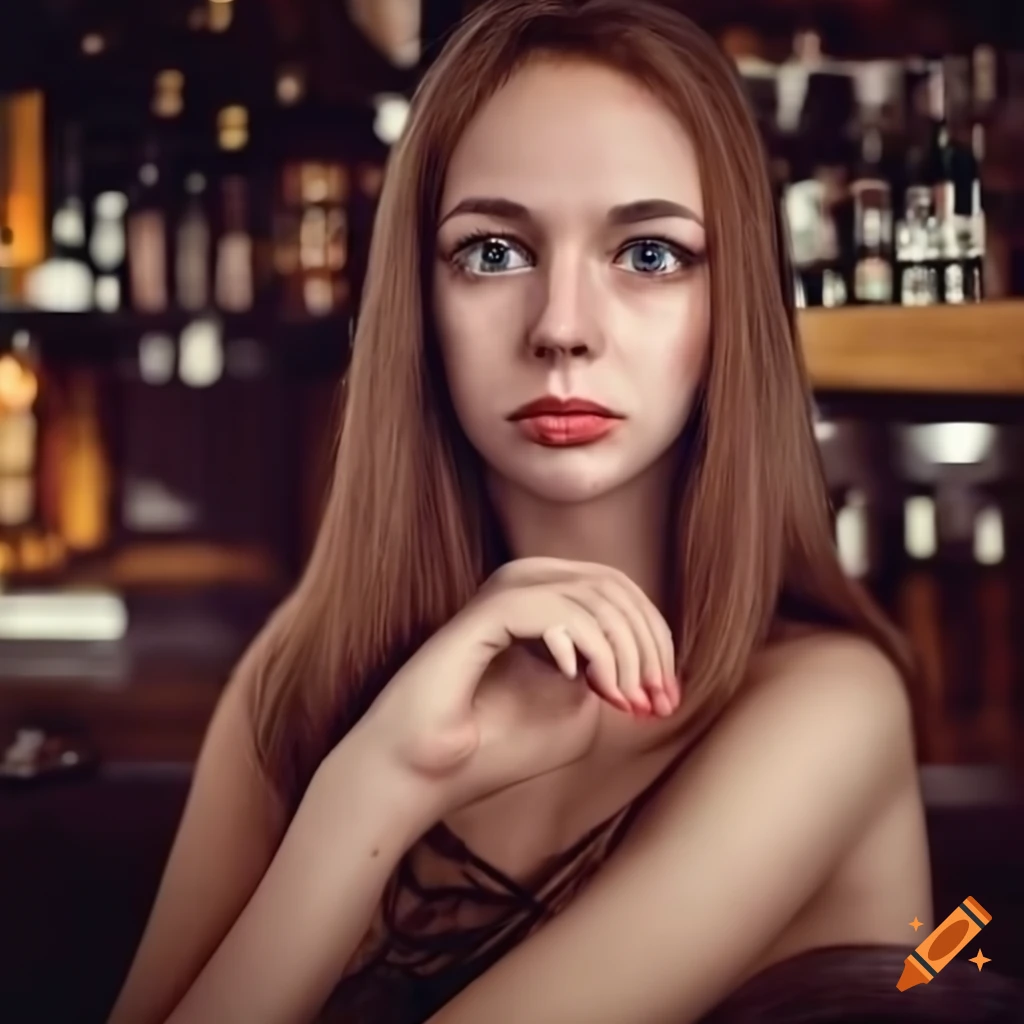 Hyper-realistic front-facing portrait of a young woman sitting-in-a-bar ...