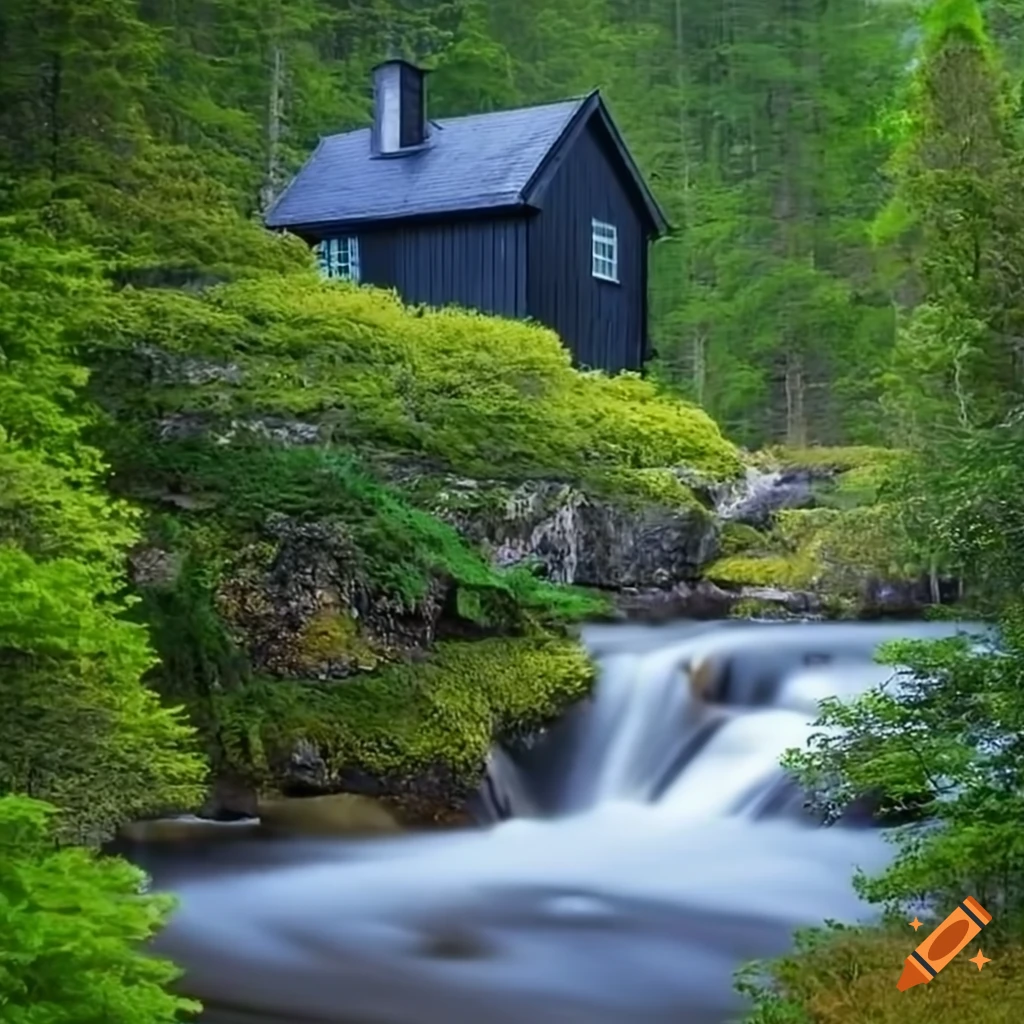 Black house in leafy garden fantasy summer in norway forrest brook falling water from five ...