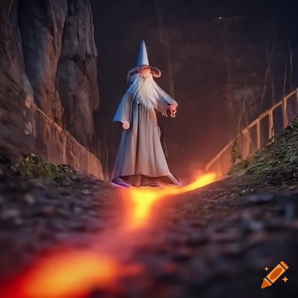 Gandalf dancing extrem on a bridge over a unreal vulcan on Craiyon