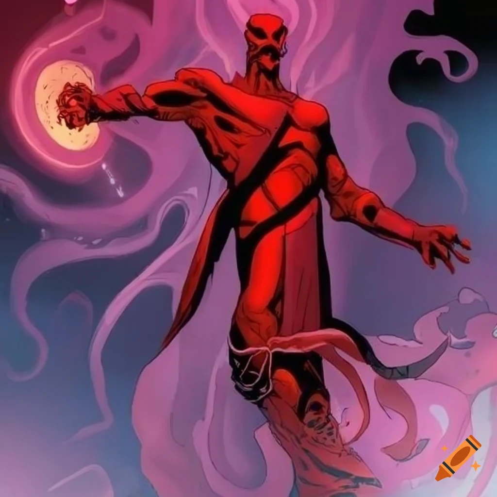 Comic book splash page of a glowing, red Egyptian ghost warrior flying through a swirling mist ...
