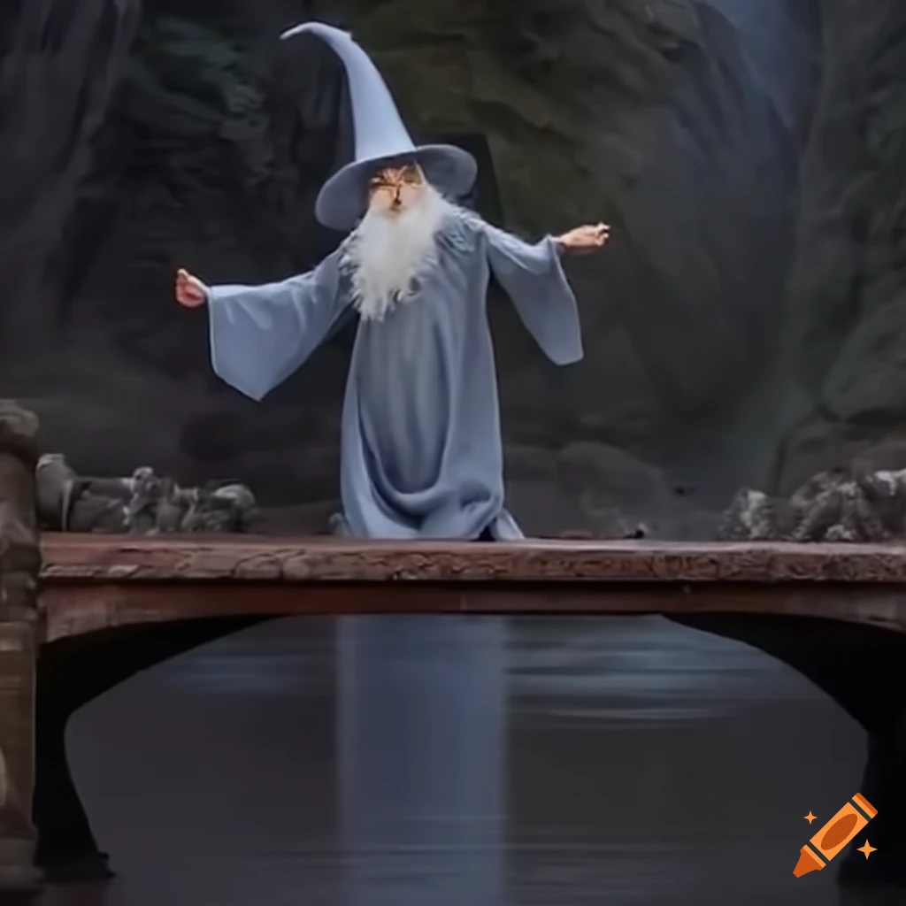 Gandalf dancing extrem on a bridge over a unreal vulcan
