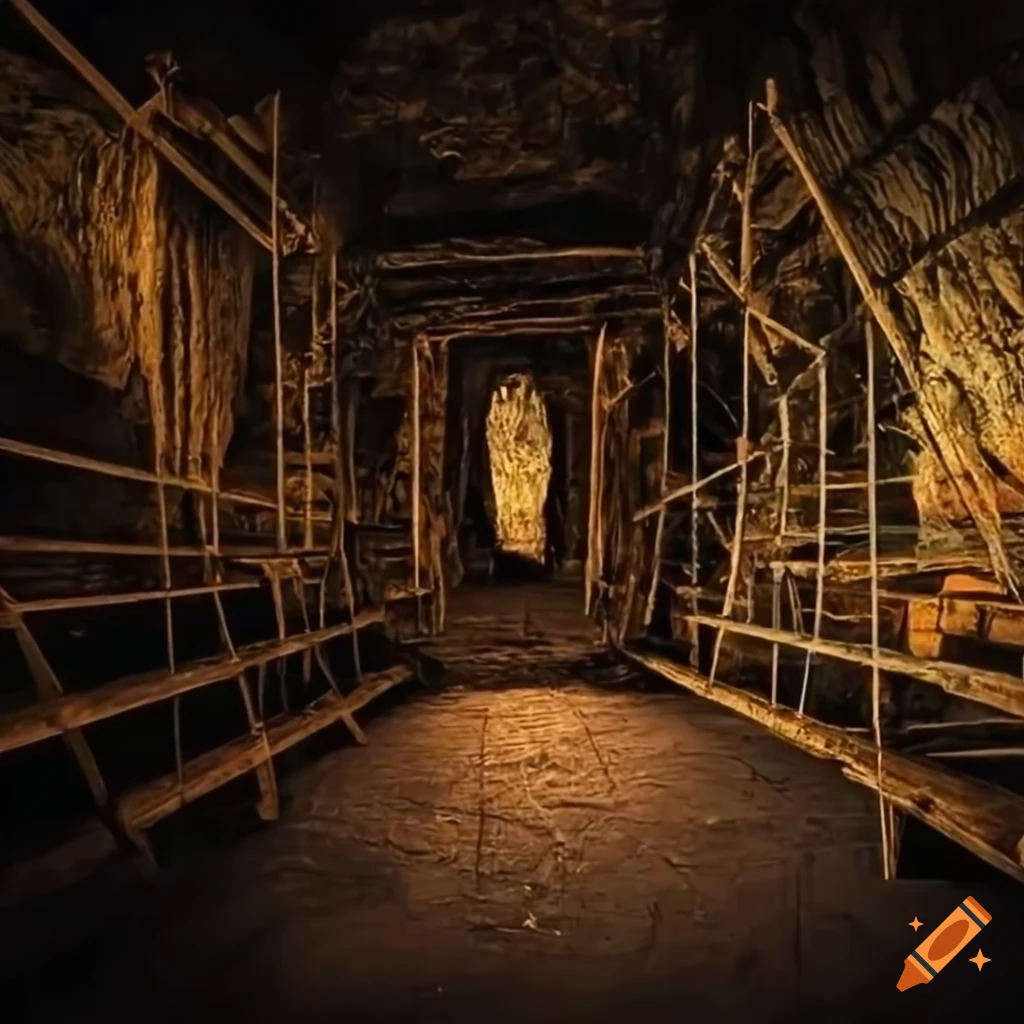 Mysterious cave with a wooden scaffolding in the center of the image