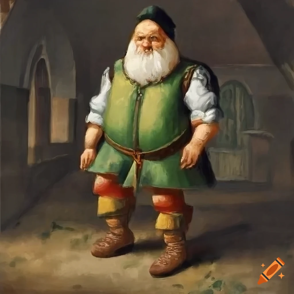 Fat dwarf wearing peasant clothes walking through a bright medieval ...