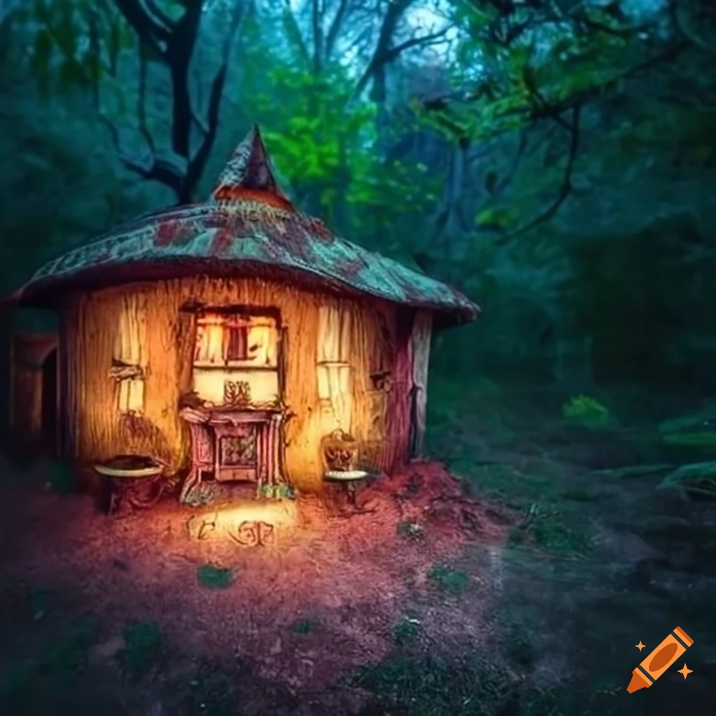 A mystical witch's hut adorned with enchanting potions and relics on ...
