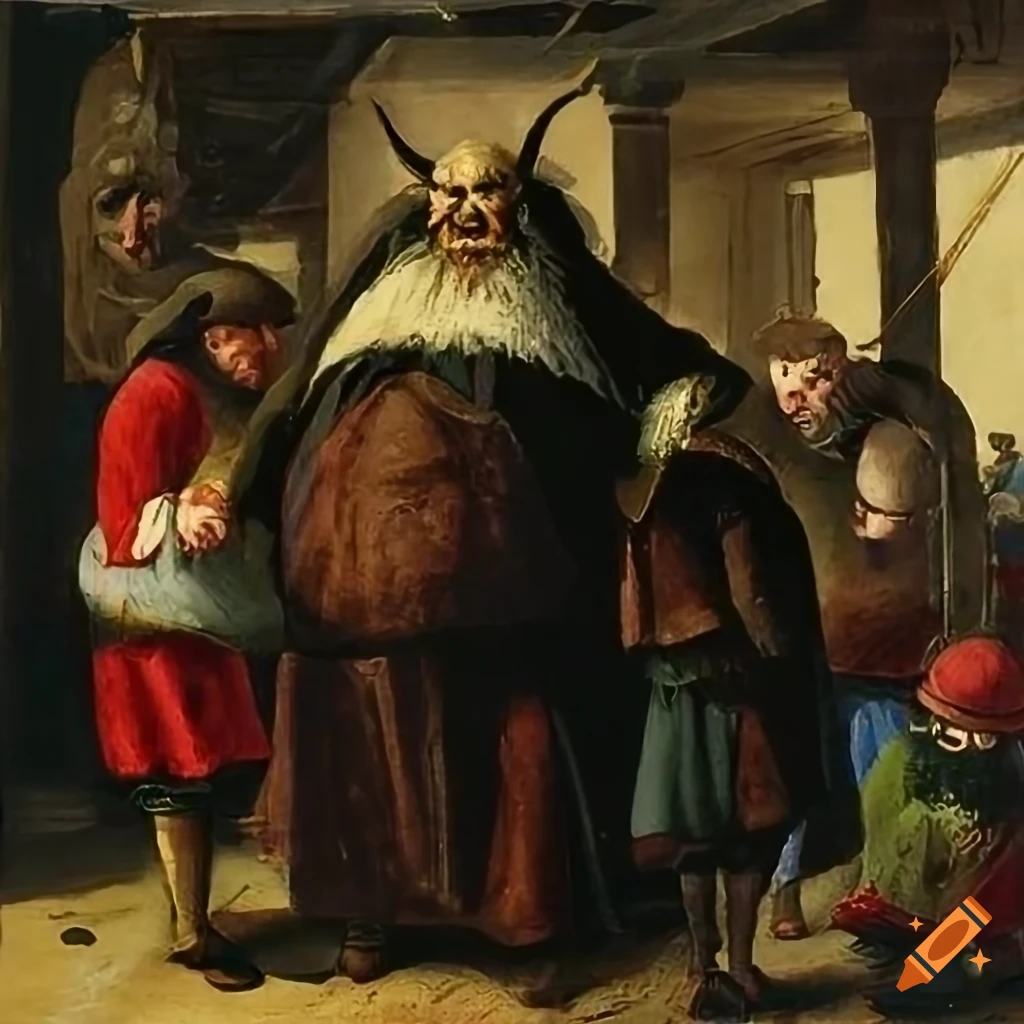 Obese krampus with a huge belly wearing peasant clothes walking through ...
