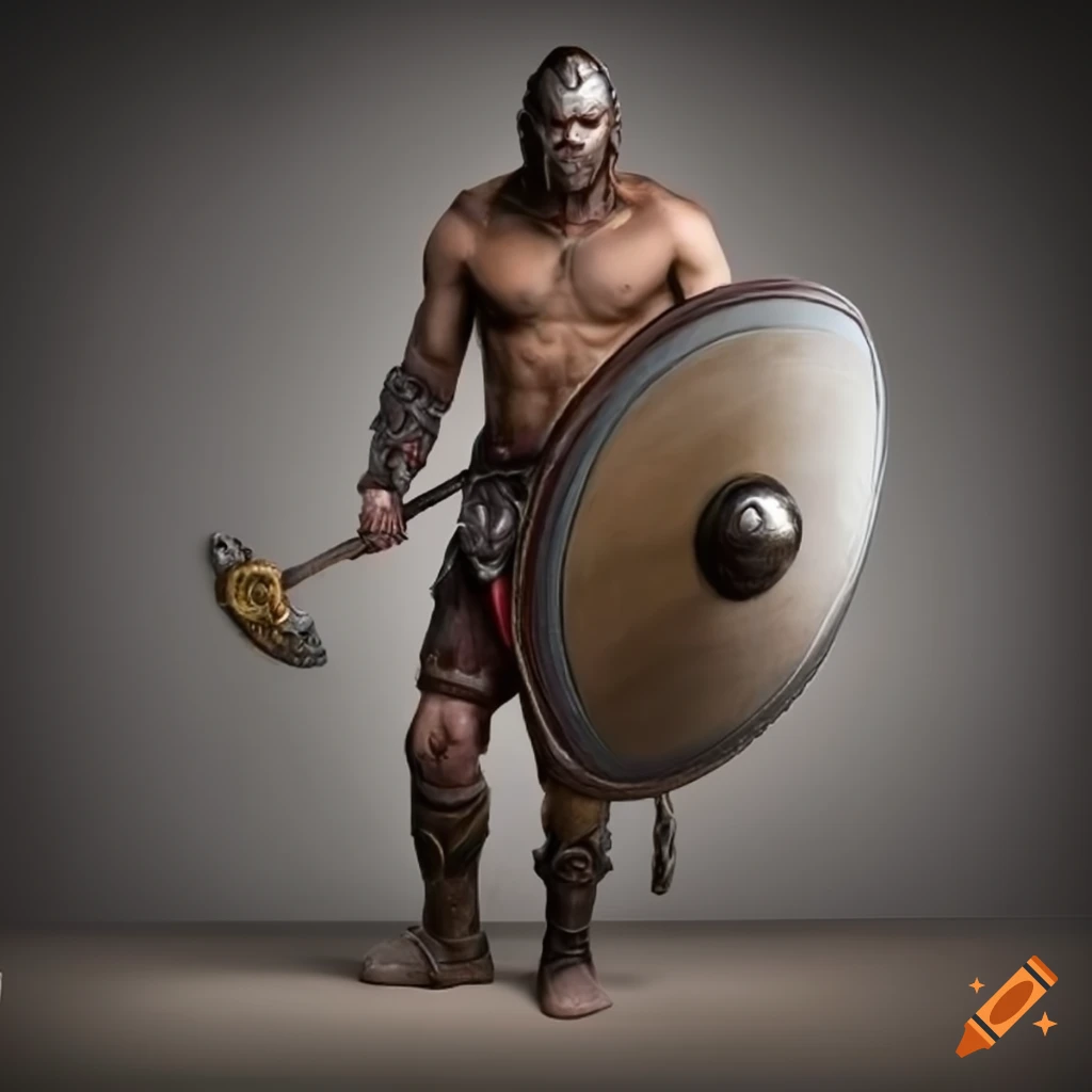 Male warrior with remdih and large shield
