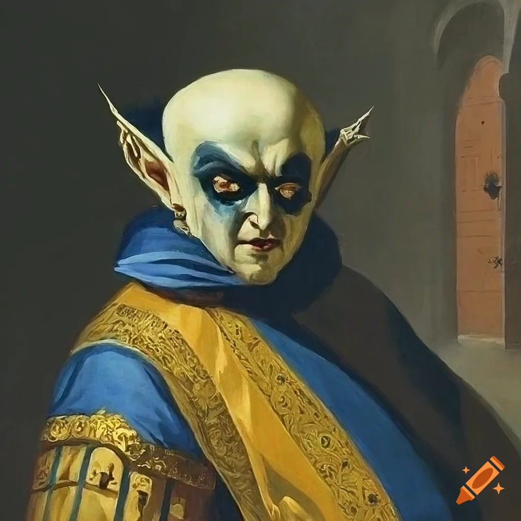 Obese nosferatu with a huge belly wearing bright royal robes walking ...
