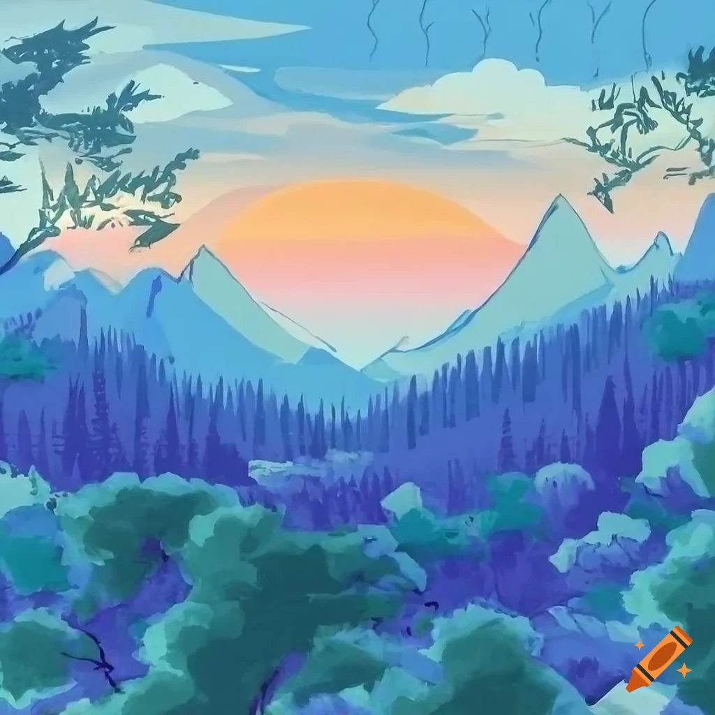 A light ink colored landscape painting during the day, with trees ...