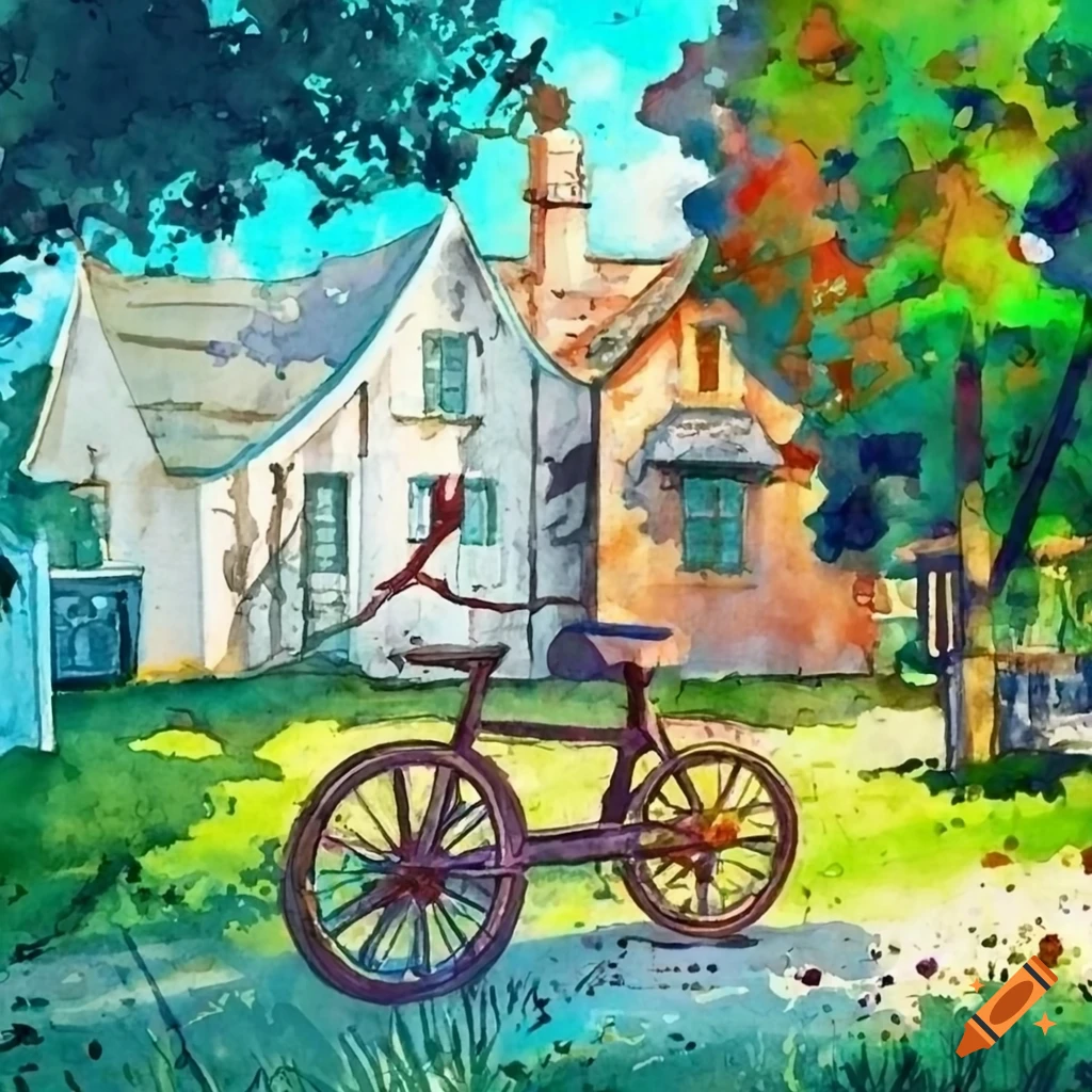 A rusty kids bike parked near a white picket fence house, with towering ...