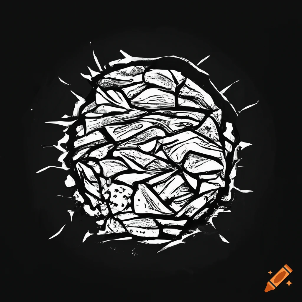 Hand drawn creative round rock shattering into shards design, side ...