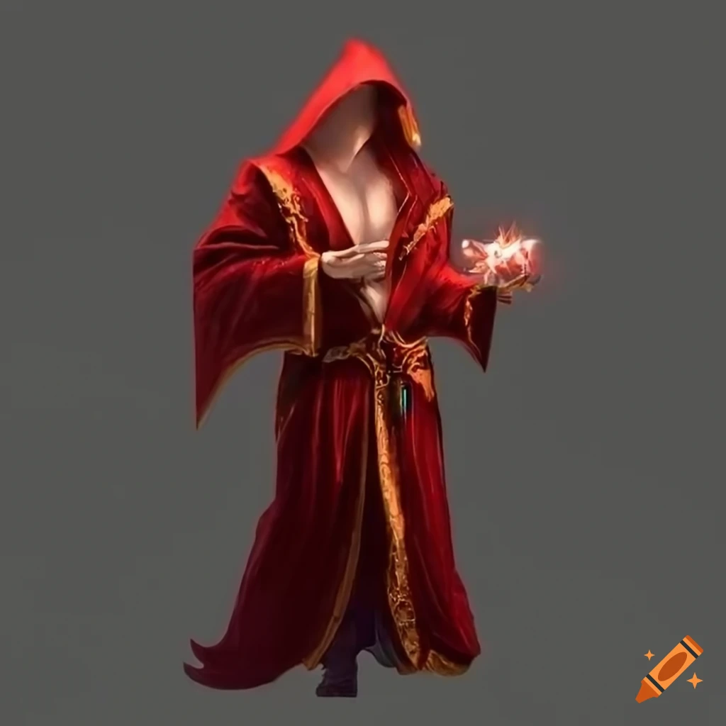 Mystical sorcer in a red robe, facing right, full body, top left corner ...