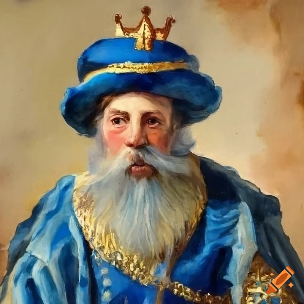 19th century oil painting of a king with a brown beard in royal blue ...