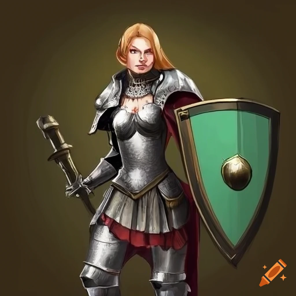 A female Knight carrying a green shield on Craiyon