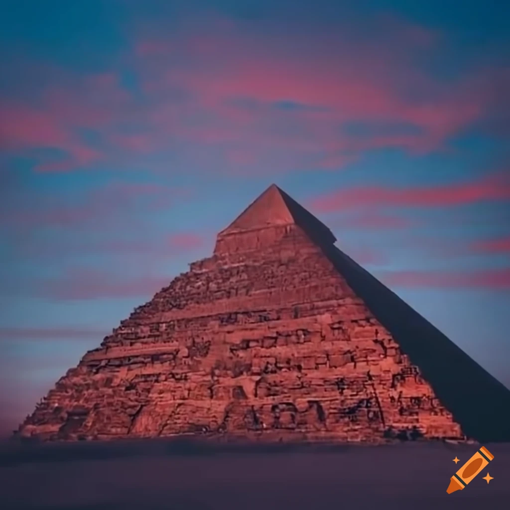 Ancient pyramid new world ufo landscape red sky