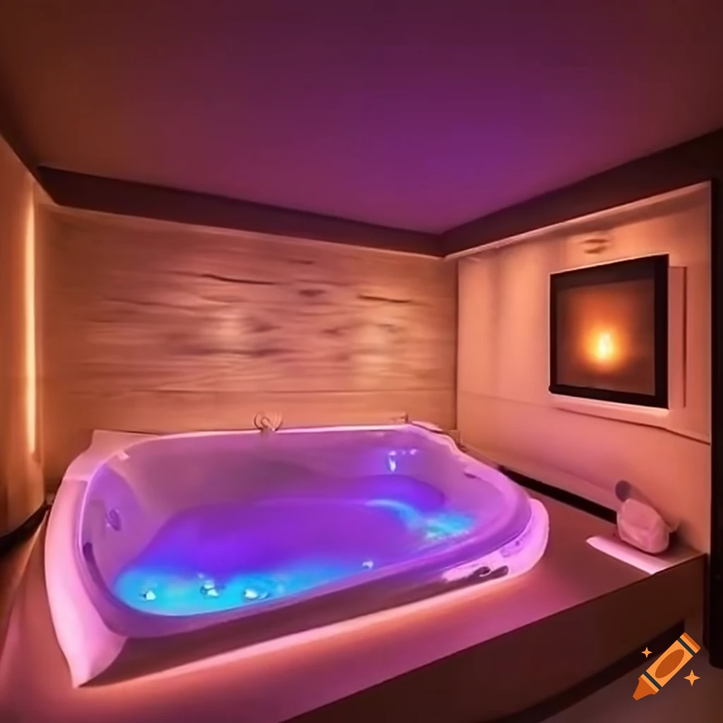 Images of Jacuzzi with glowing lanterns, soothing decor, and ...