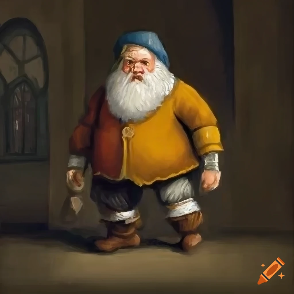 Fat dwarf wearing peasant clothes walking through a bright medieval ...