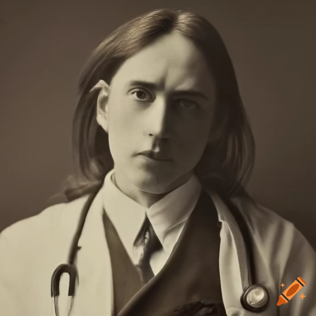 Photograph of a male doctor with dark long hair and a white coat, low ...