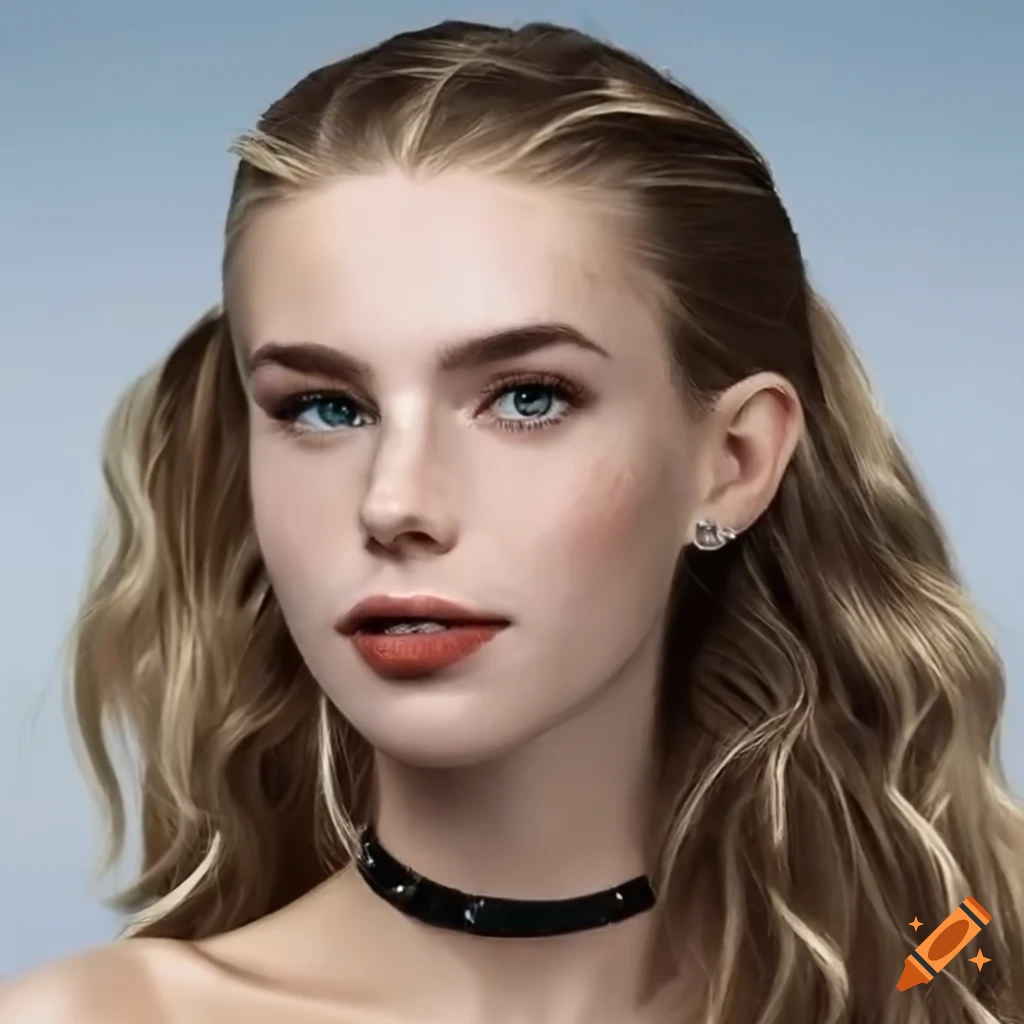 Pretty young woman delicate freckles shy smile wavy dark blonde hair ...