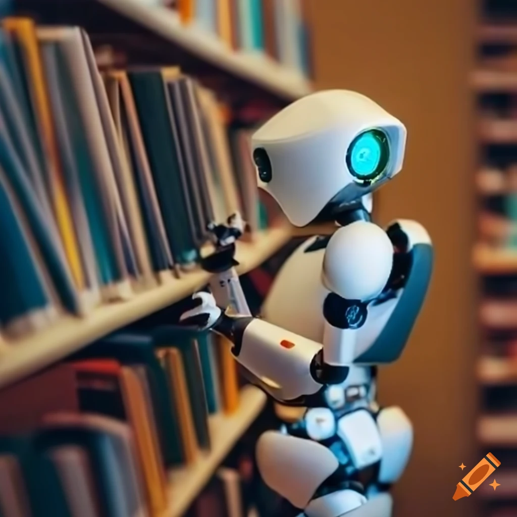 A robot browsing books in a library