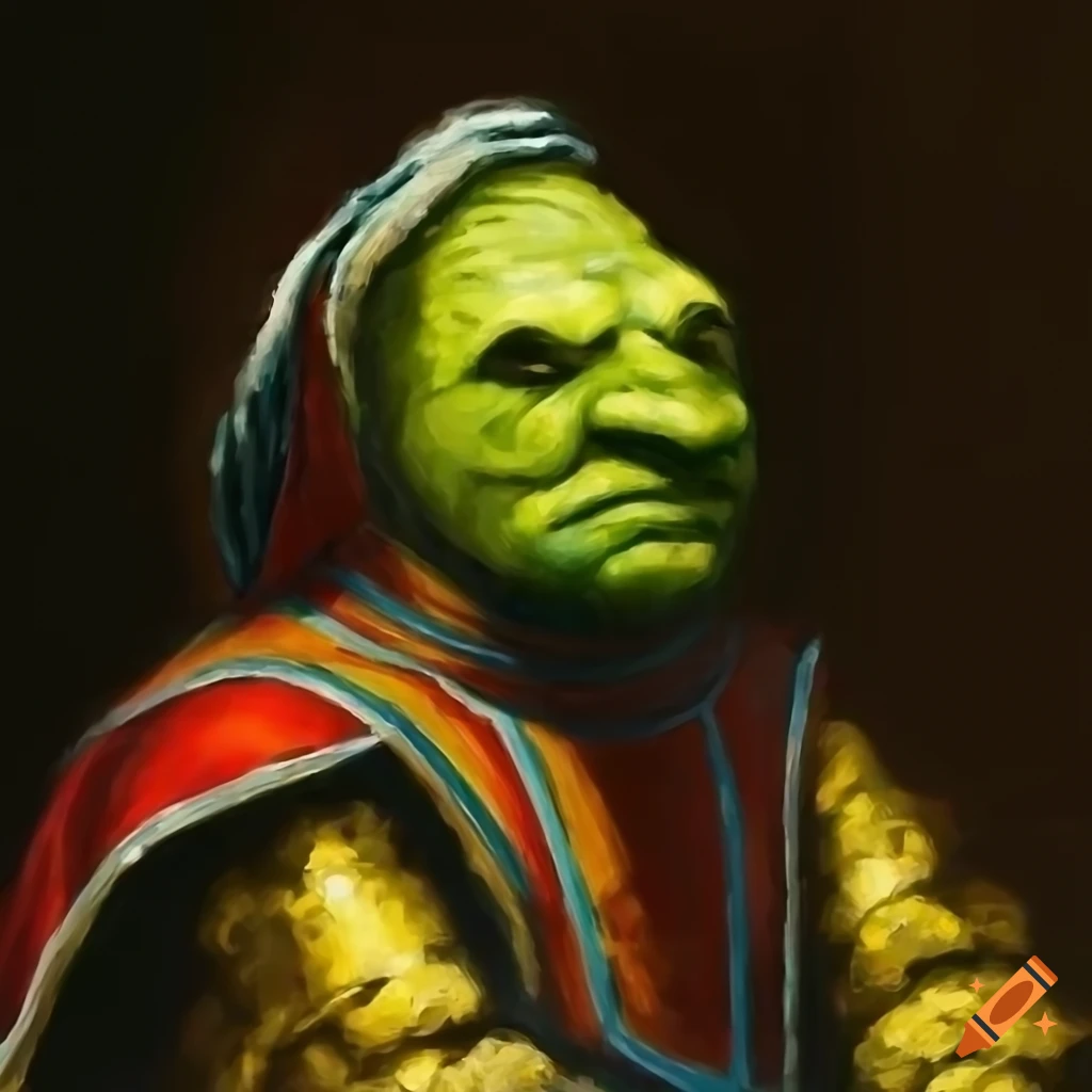 Troll wearing bright royal robes walking down a bright medieval castle ...