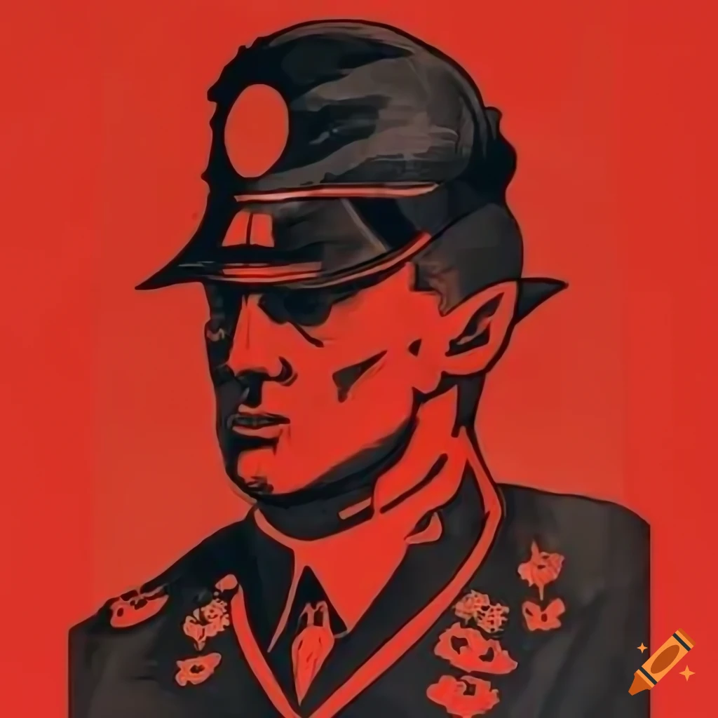 Propaganda poster pale-white-skinned, red-long-haired and red-eyed sci ...