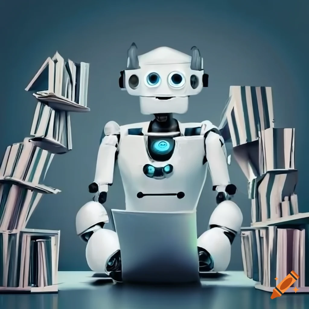 Robot Nerd reading a document seated at a table with piles of papers on Craiyon