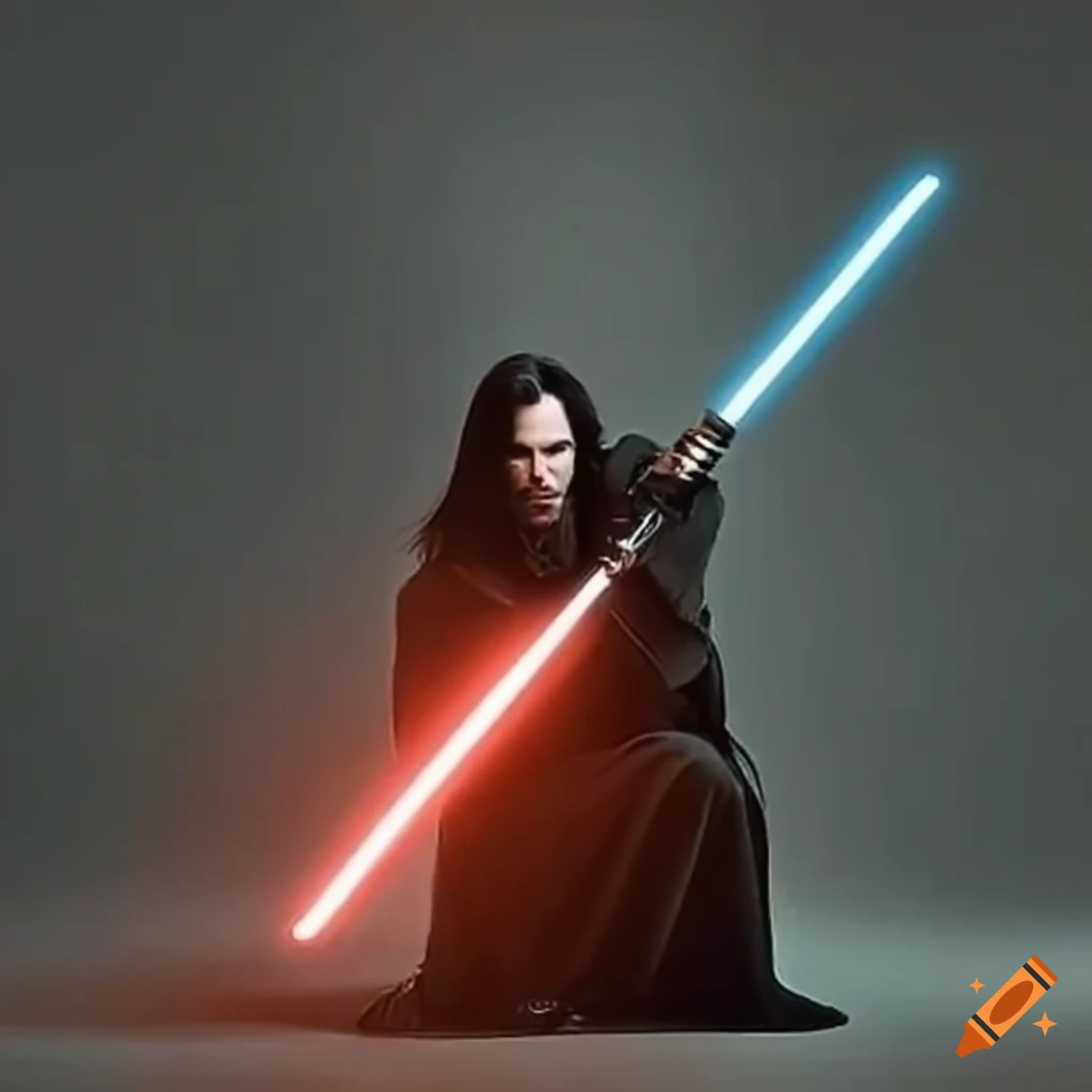 Keanu reeves wielding a lightsaber in a jedi robe