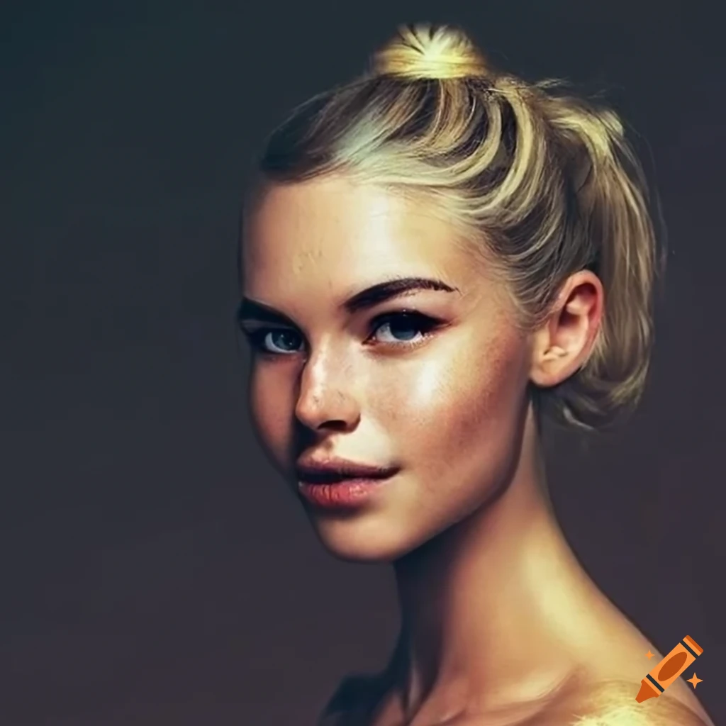 Pretty young woman delicate freckles shy smile wavy blonde hair ...
