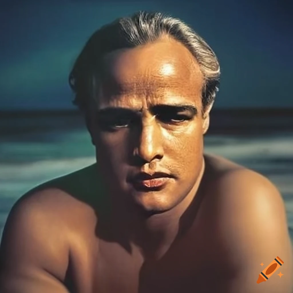 Marlon brando on beach with a spotlight on Craiyon