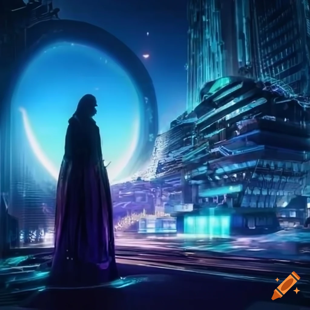 Glimpse into a dazzling future city through a vibrant portal on Craiyon