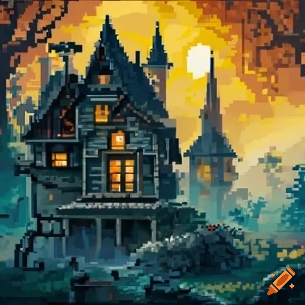 A house of witches, haunted, sinister, pixel art, golden hour, by greg ...
