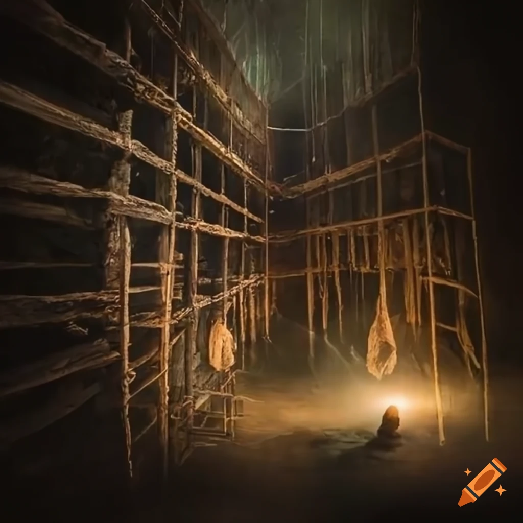 Mysterious cave with a wooden scaffolding in the center of the image