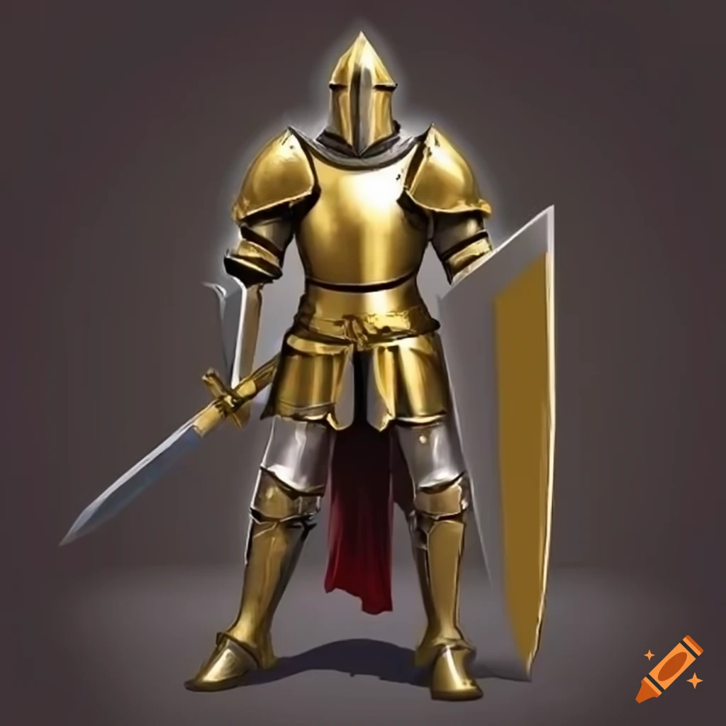Paladin wearing golden medieval armor holding a giant sword on Craiyon