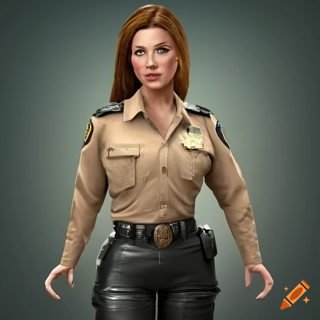 Photorealistic, actress nikki sanderson as policeofficer, slim, , tan ...