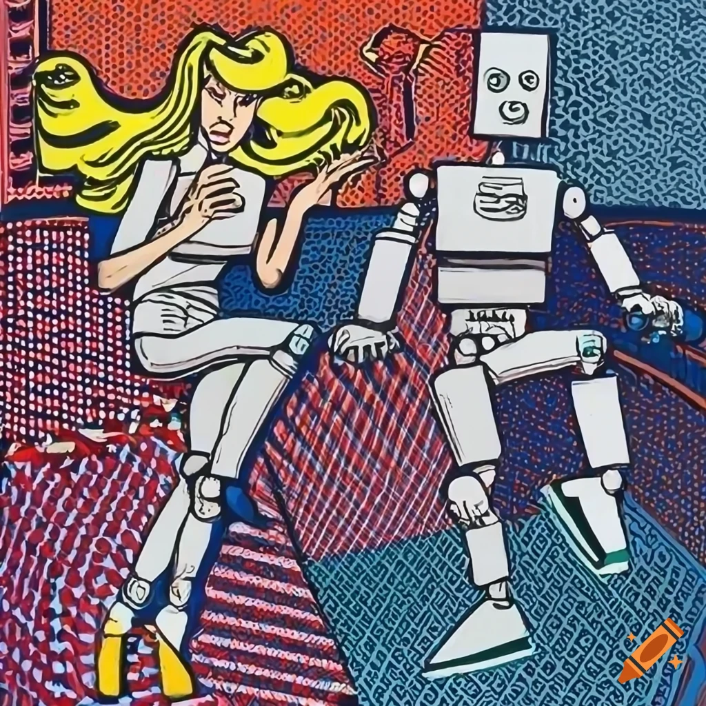 Poster of humanoid robots dancing with humans in a dim jazz bar in the ...
