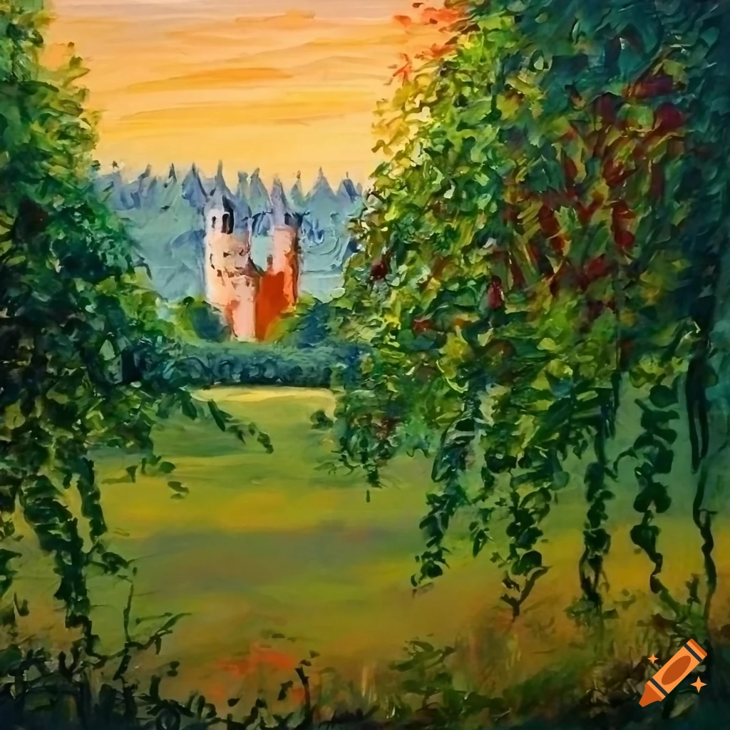 Brooding castle in the middle of forest, vines in foreground, acrylic ...