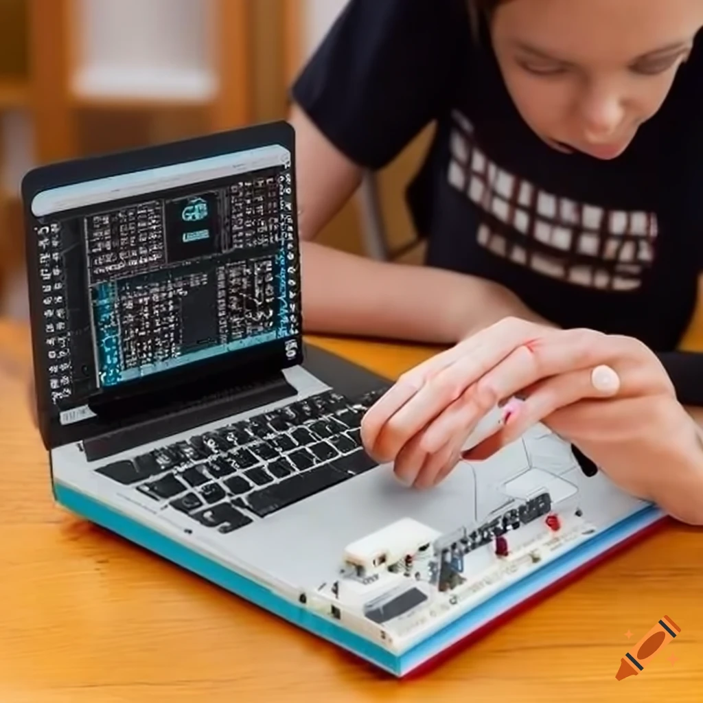 A student enjoying coding on their computer, with a breadboard ...
