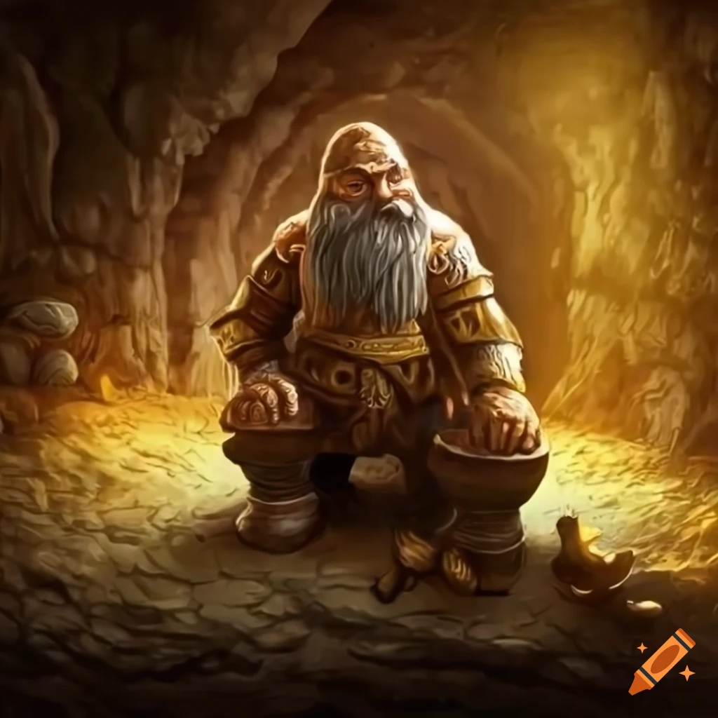 Medieval dwarf with a pot full of gold sitting in a cave in the forest ...