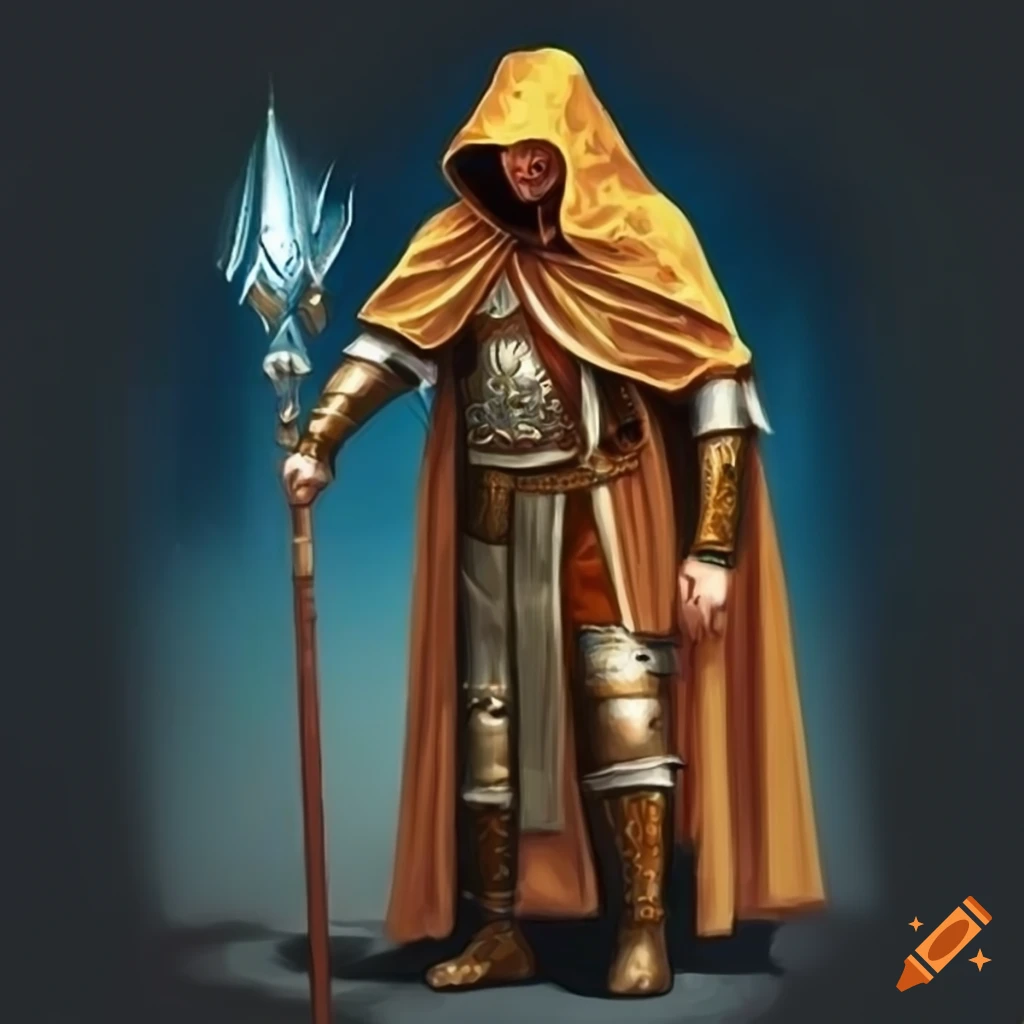 Holy cleric warrior wearing a cloak ,adorned in holy garnments on Craiyon