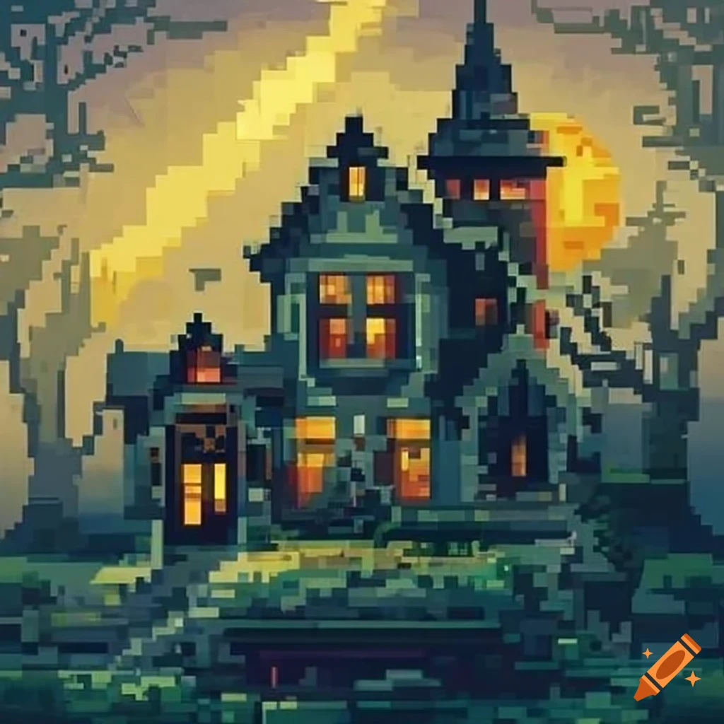 A house of witches, haunted, sinister, pixel art, golden hour, by greg ...