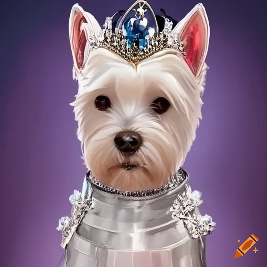 Princess westie wearing tiara in plated armor on Craiyon