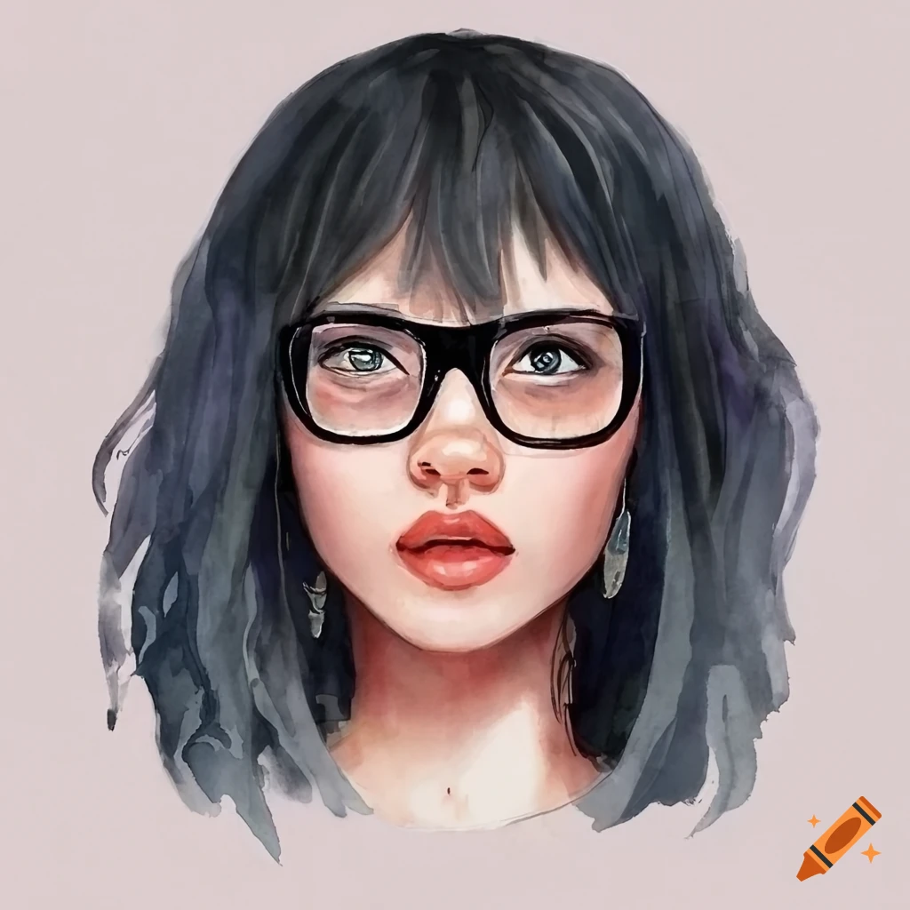 Black fringe haired girl wearing glasses watercolor painting on Craiyon