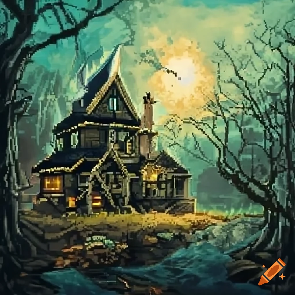 A house of witches, haunted, sinister, pixel art, golden hour, by greg ...